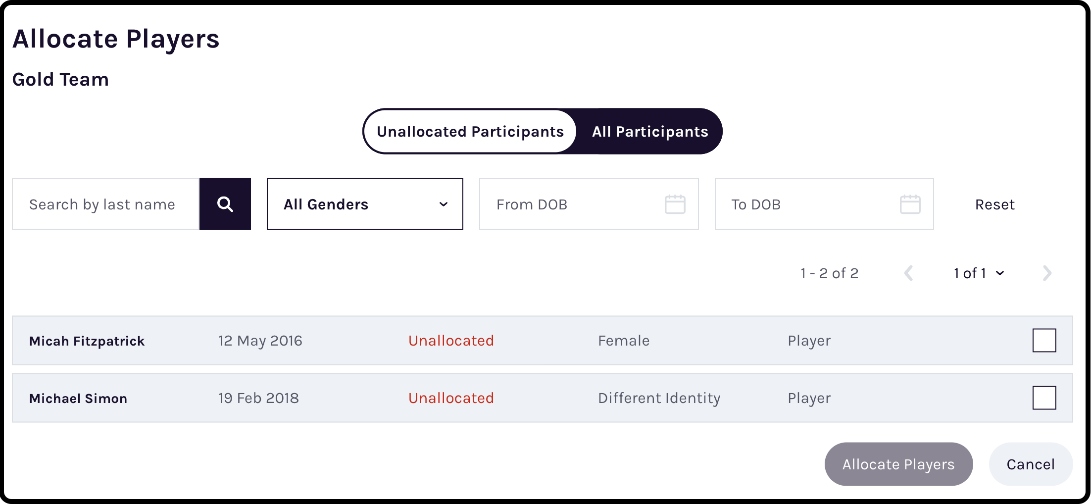 Allocating players and team staff to teams – PlayHQ