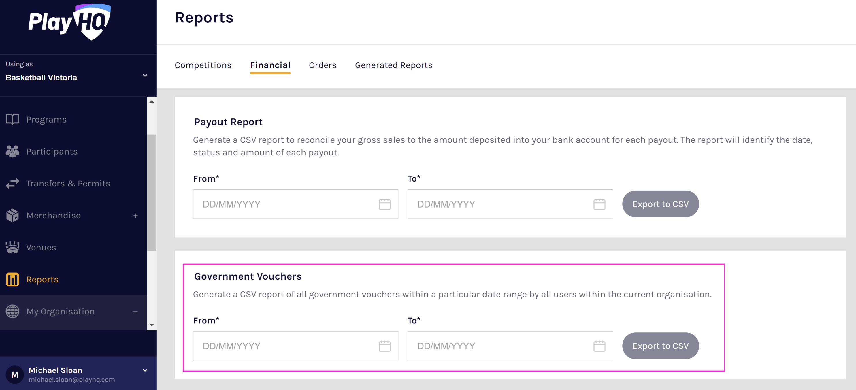 Generate a Government Vouchers Report – PlayHQ